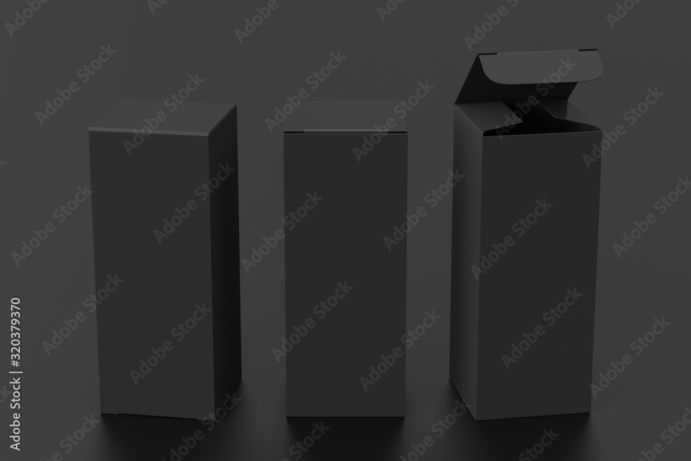 Blank black tall and slim gift box with open and closed hinged flap lid ...