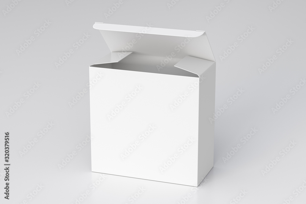Blank white wide square box with opened hinged flap lid on white ...