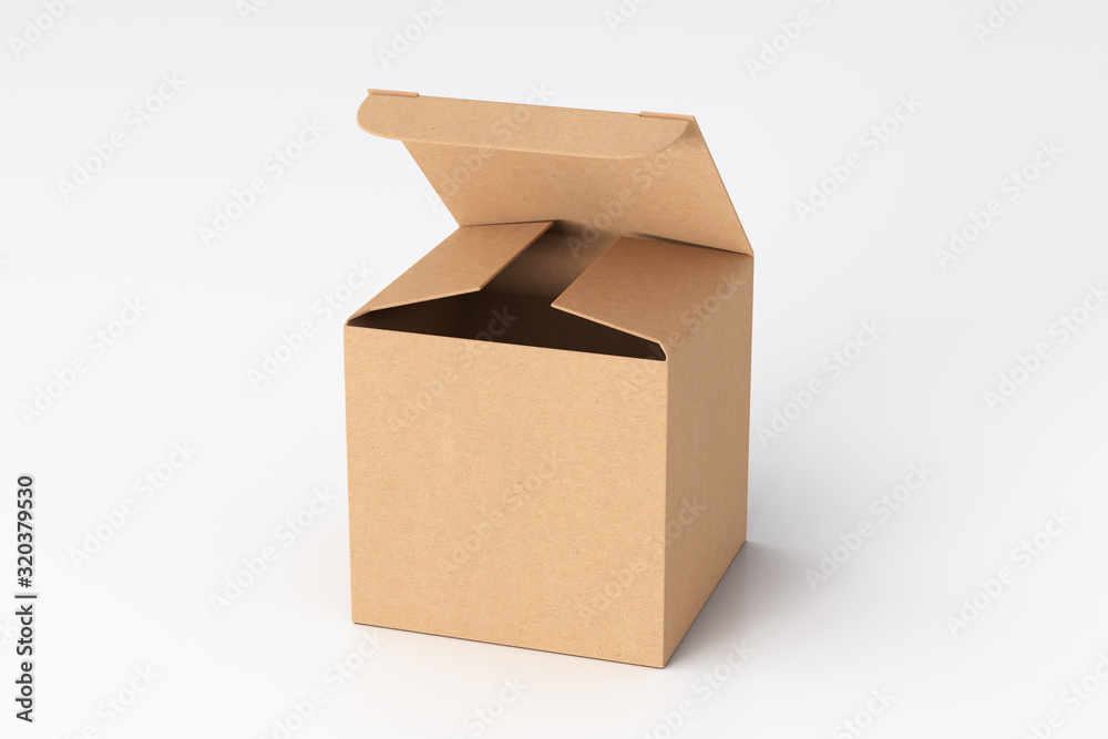Blank cardboard cube gift box with opened hinged flap lid on white ...