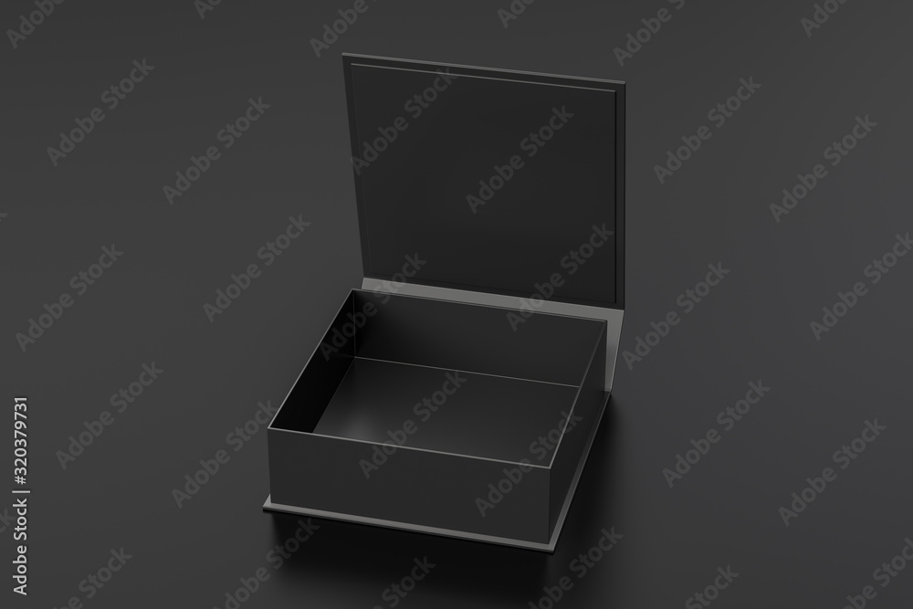 Blank black flat square gift box with opened hinged flap lid on black ...