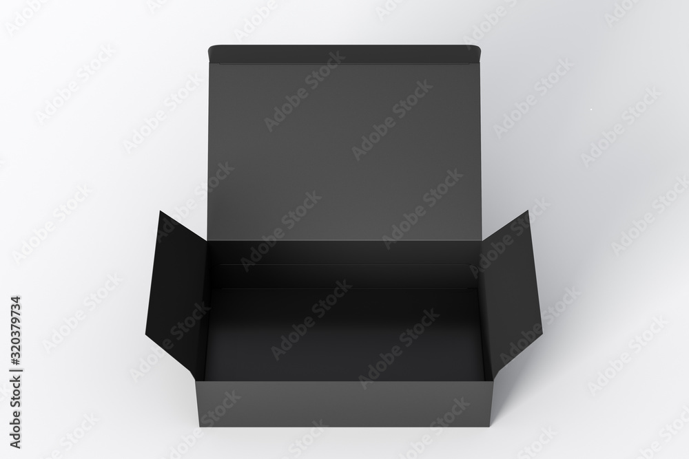 Blank black wide flat box with opened hinged flap lid on white ...