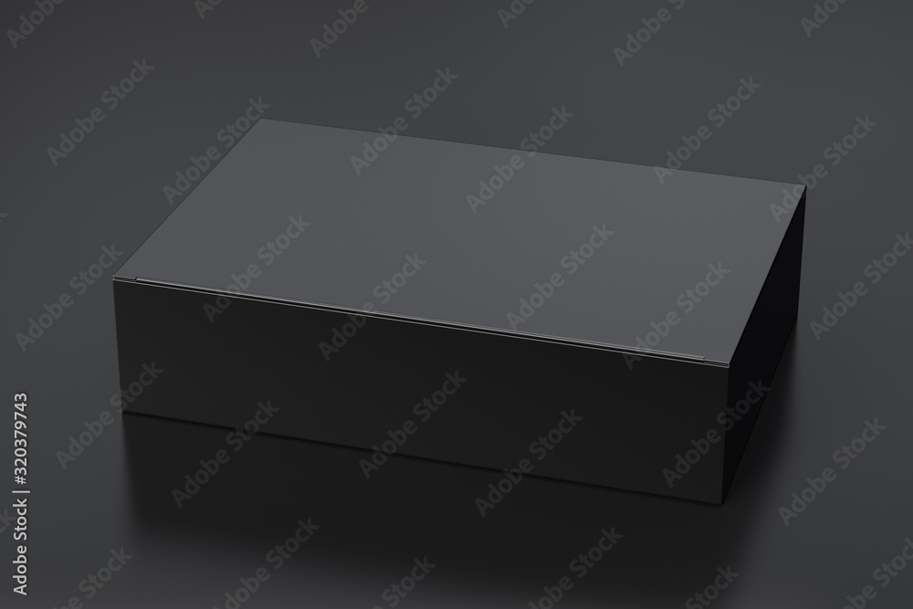Blank black wide flat box with closed hinged flap lid on black ...