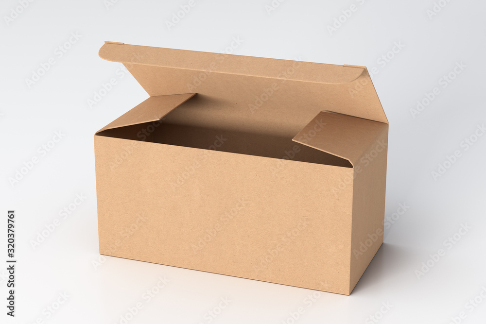 Blank cardboard wide box with opened hinged flap lid on white ...