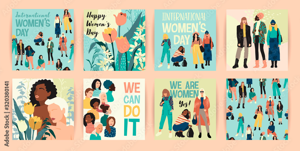 Vector set of illustrations with abstract women with different skin ...