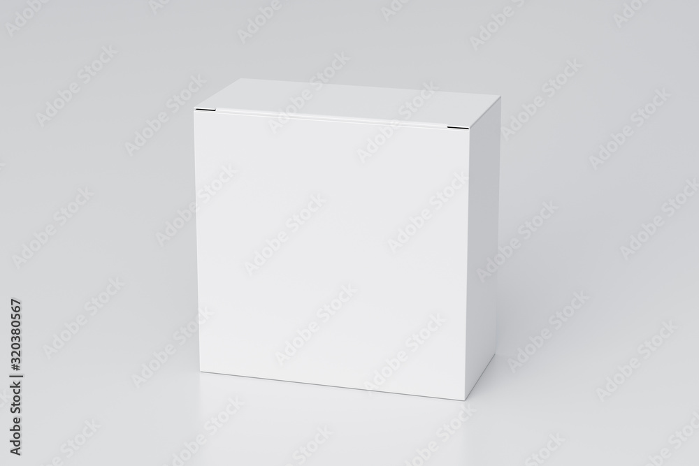 Blank white wide square box with closed hinged flap lid on white ...