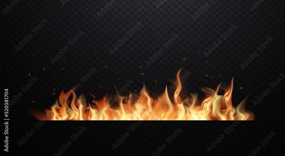Realistic fire flames on transparent black background. Flat design ...