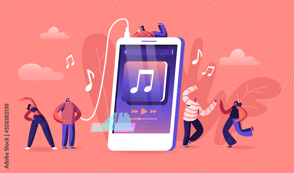 Young People Listen Music on Mobile Phone Application Concept. Tiny ...