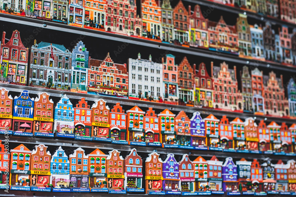 Traditional souvenirs from Amsterdam - fridge magnets, rows of ...