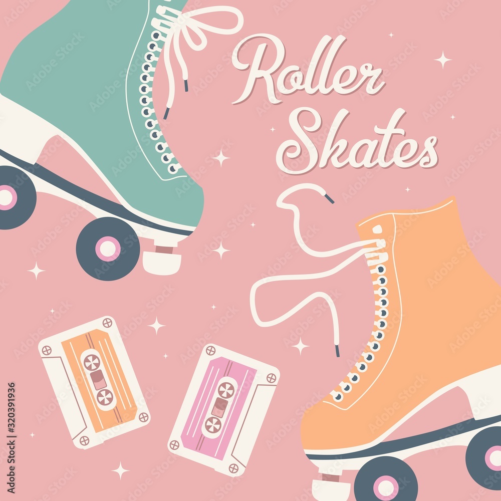 Hand drawn illustration with retro roller skates and cassette tapes ...