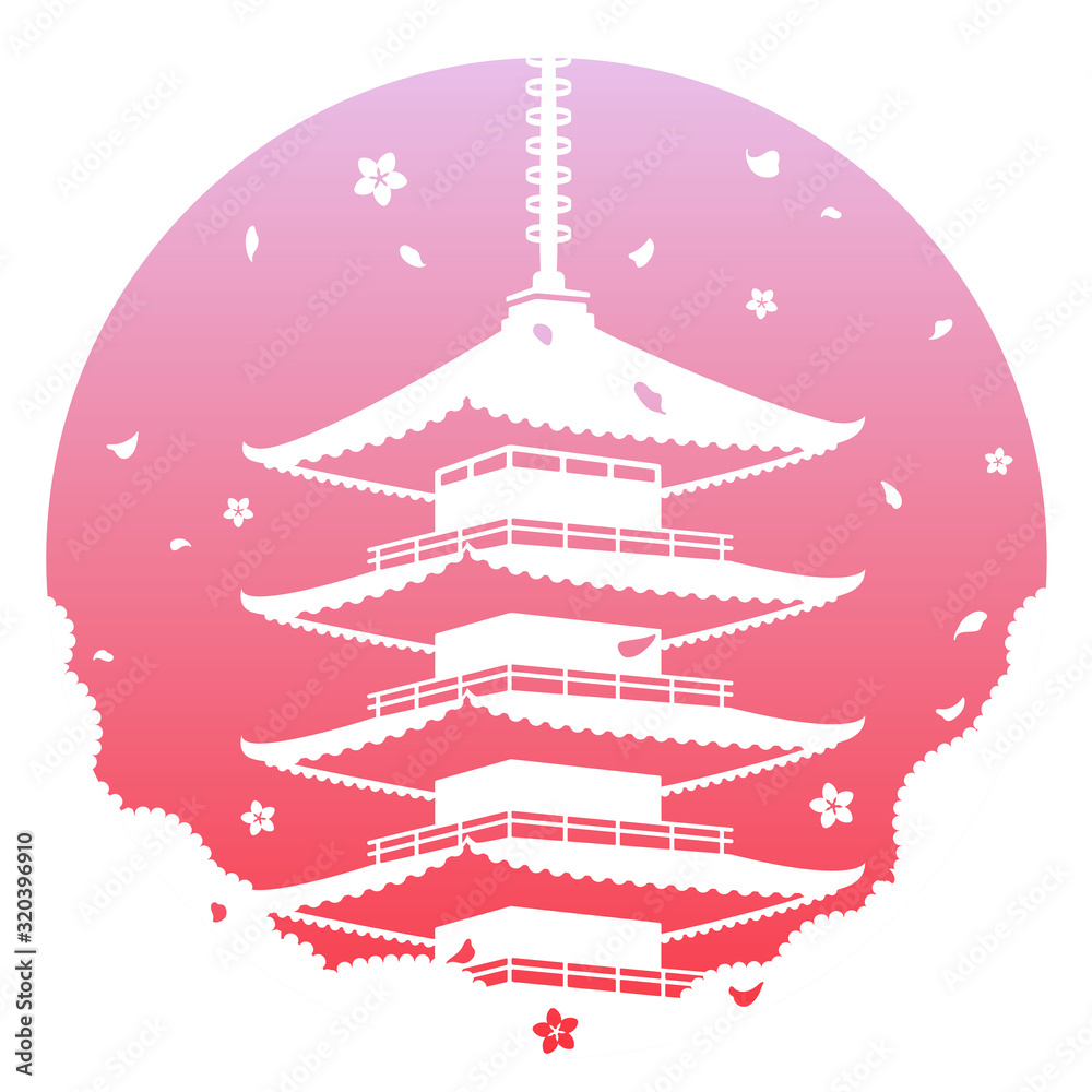 Japanese pagoda, a silhouette. Sakura blossom time. Vector illustration ...
