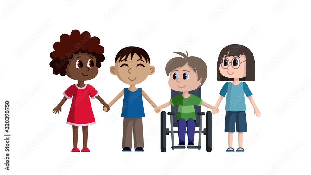 Disabled boy in a stroller and other children hold hands. Inclusive ...