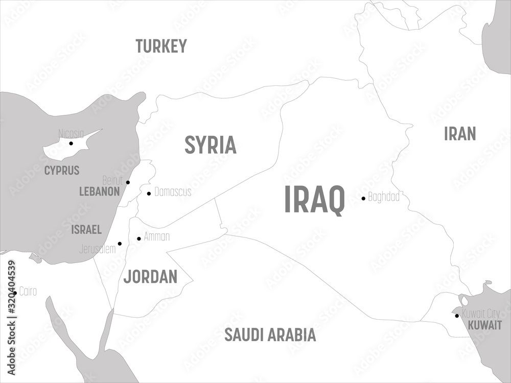 Middle East map - white lands and grey water. High detailed political ...