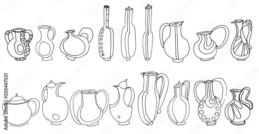Set of different jugs. Freehand drawing, sketch. Black and white ...