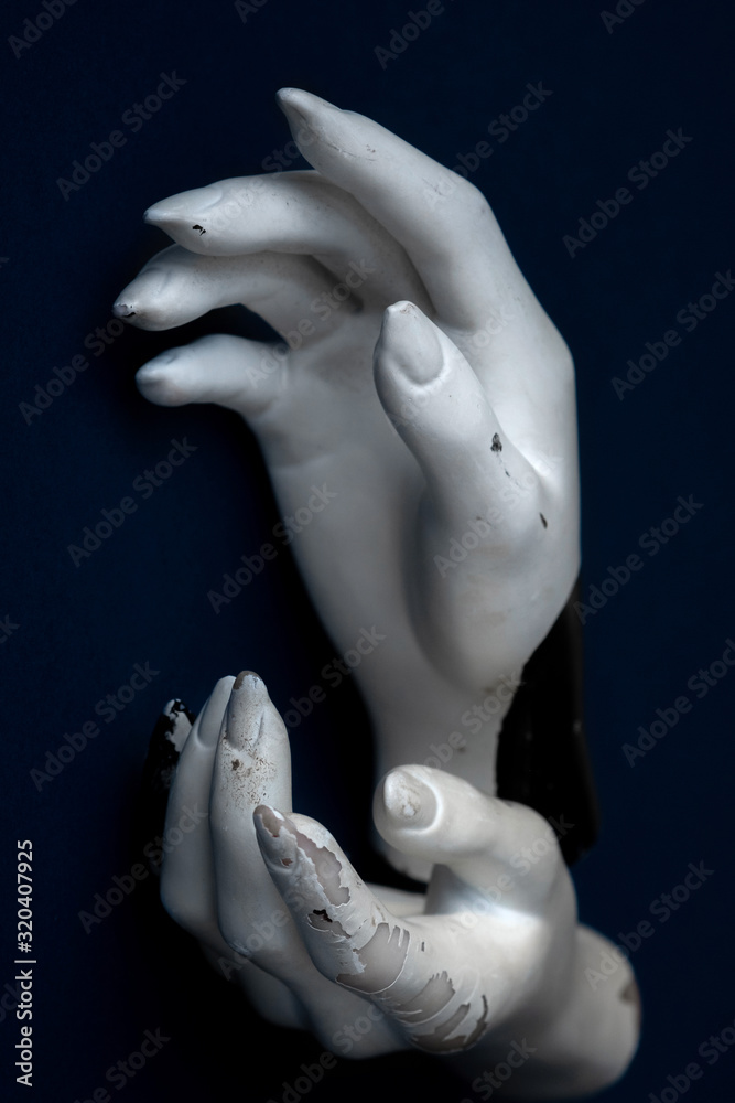 Mannequin hands on a blue background. Art model for drawing. Part of ...
