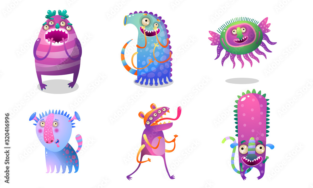 Cute funny spooky purple fictional monster characters vector ...