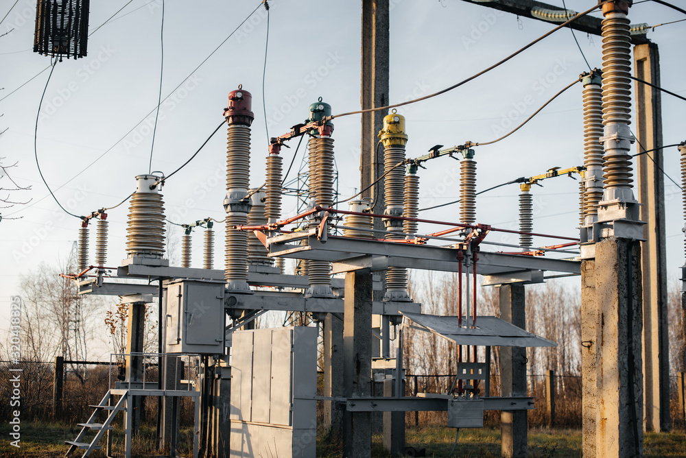 Electrical substation equipment. Transformers, disconnectors. Power ...