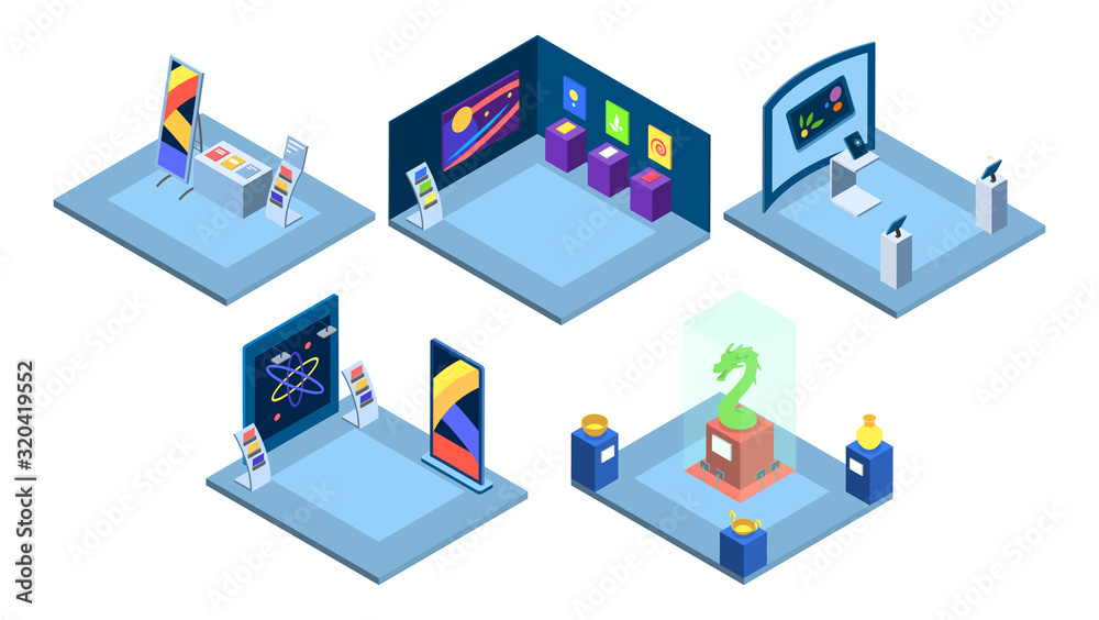 Exhibition places interiors isometric vector illustration. Art gallery ...