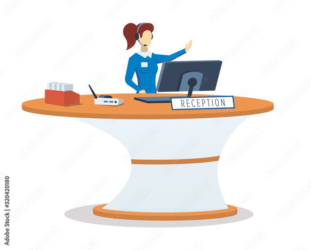 Woman at reception desk semi flat RGB color vector illustration. Hotel ...