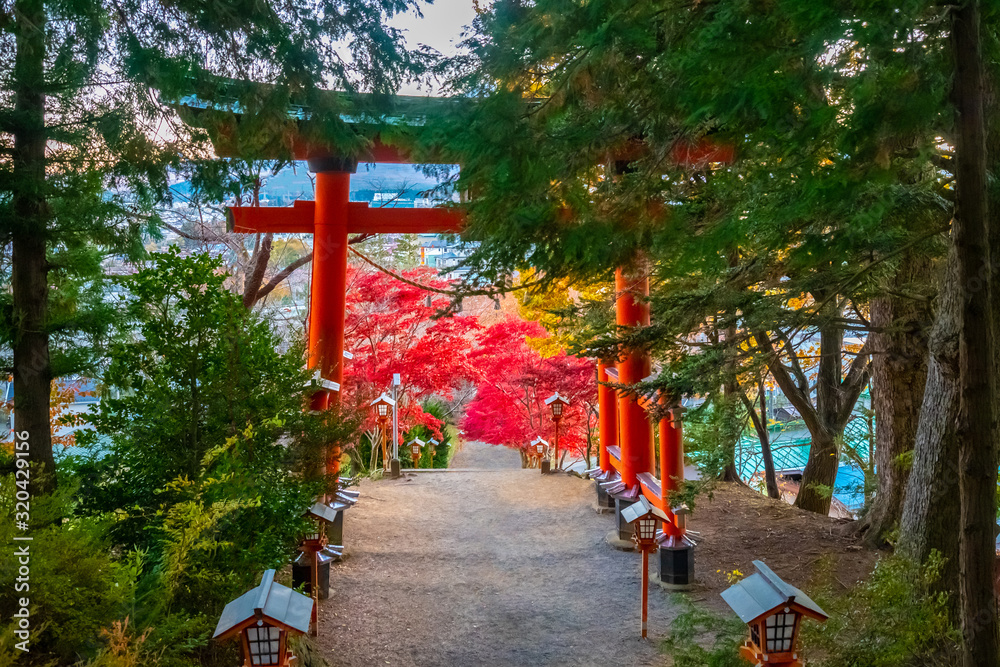 Japan. Red japanese gate in Fujiyoshida. Steps at Arakurayama Sengen ...