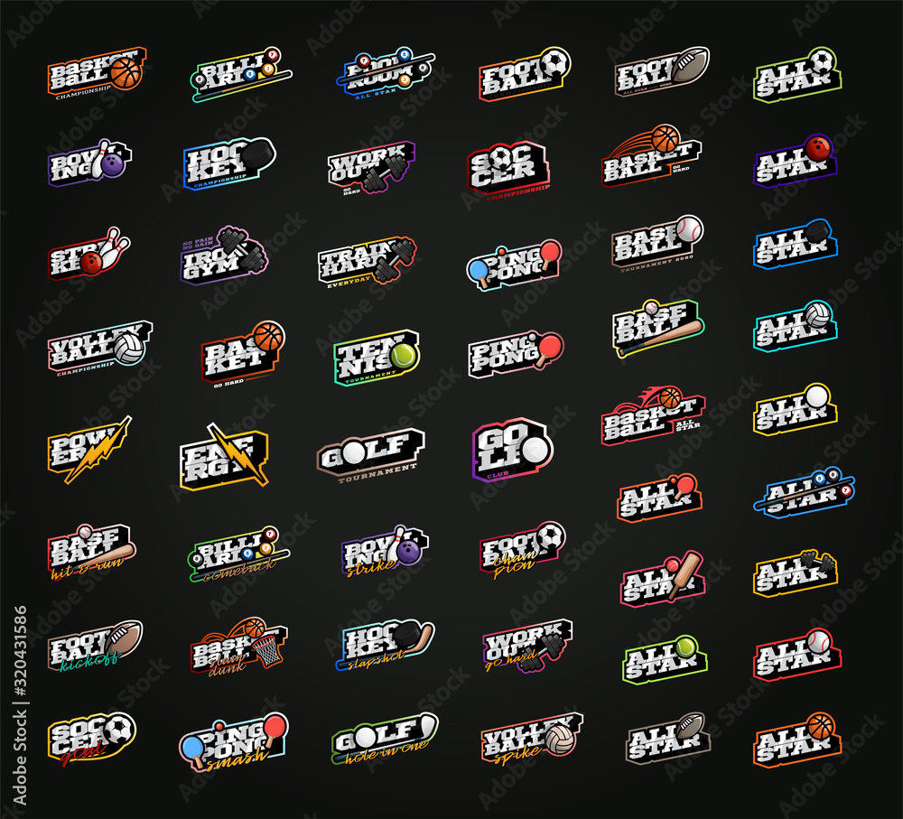 Mega bundle sport logotype set. Modern professional sport Typography ...