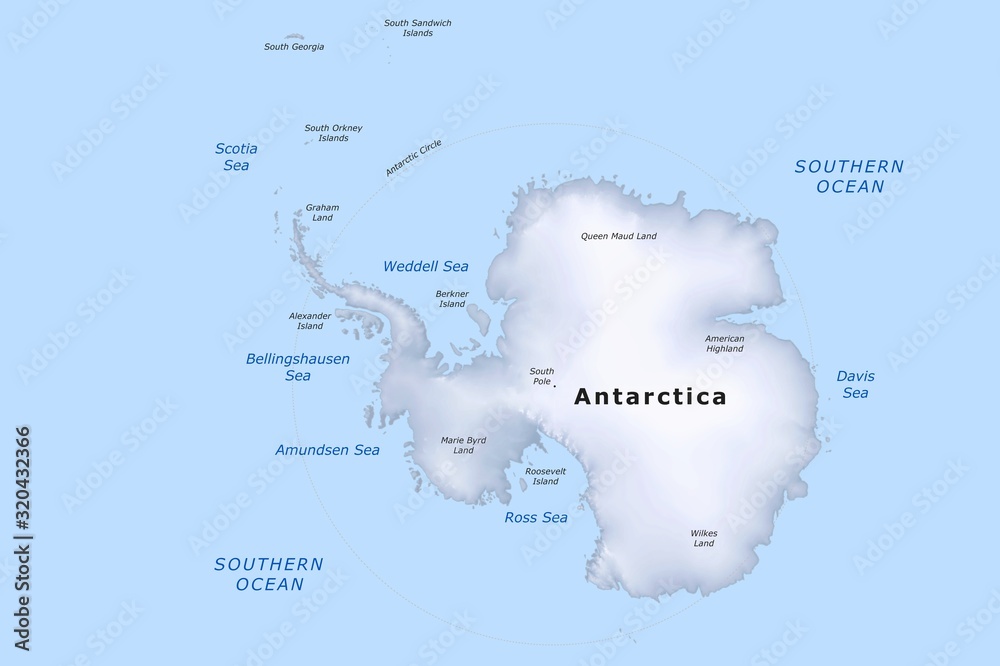 Antarctica political map on light blue background with terrain relief ...