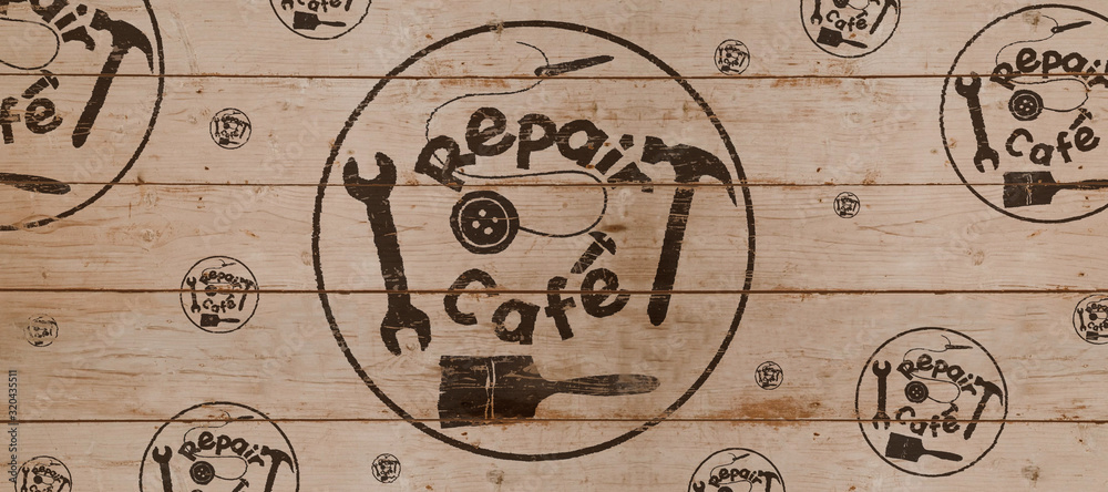 Repair Cafe logo on wooden board, header or background, consumer ...
