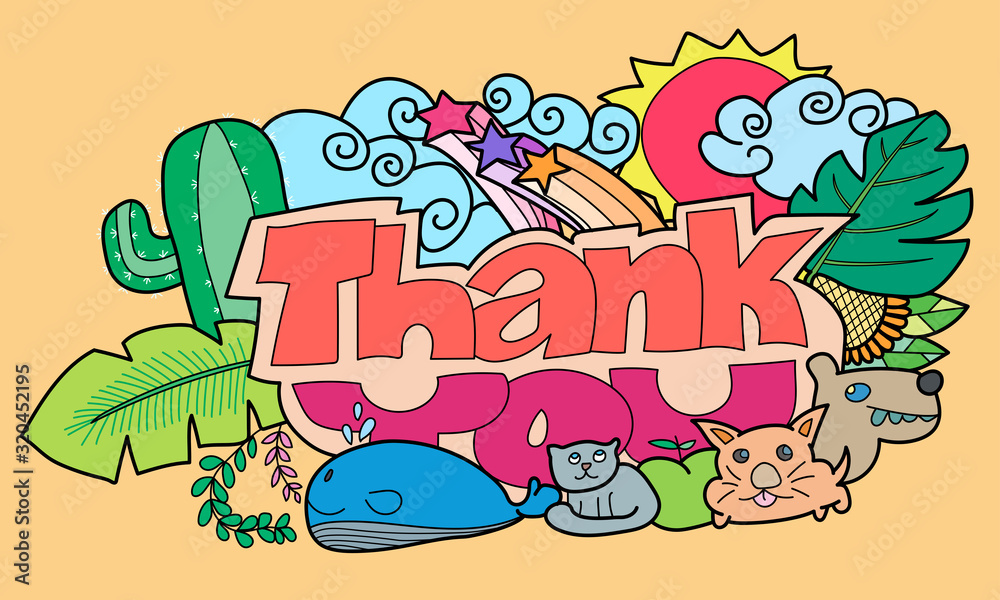 Thank you cards, letters decorated with leaves of plants and cartoon ...