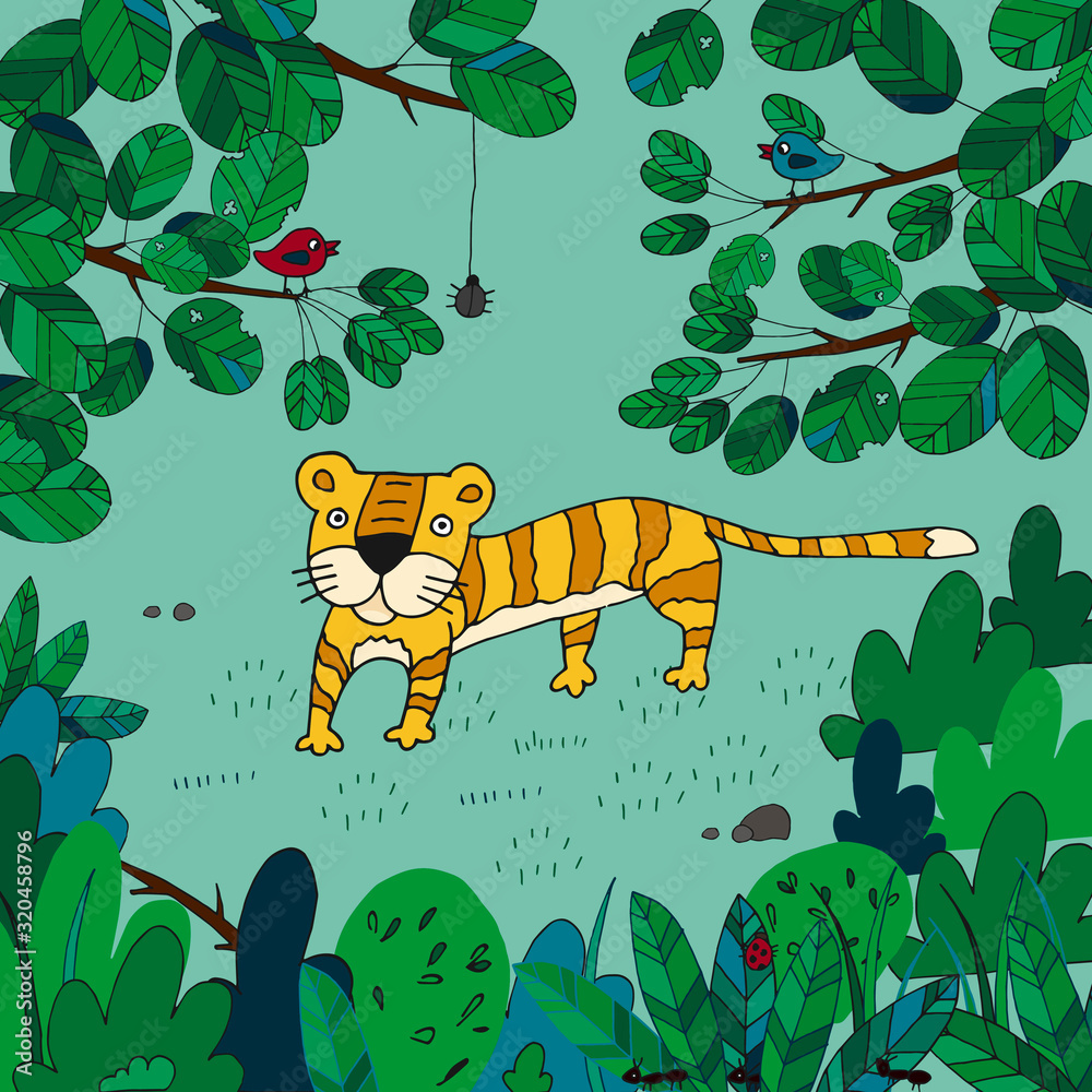 animals in the jungle. Big wikd cat prawling in the jungle. Cute hand ...