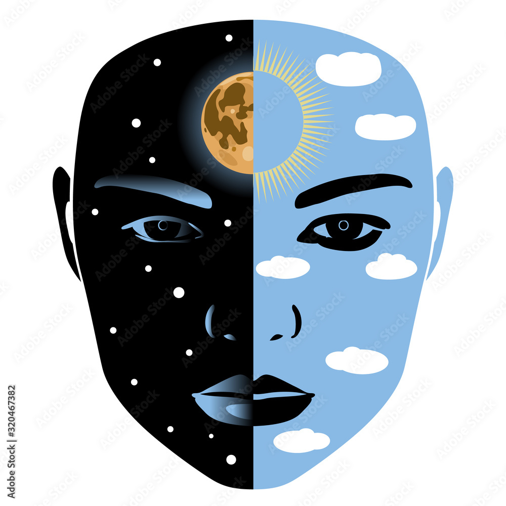 Isolated vector illustration. Female face half day half night. Goddess ...