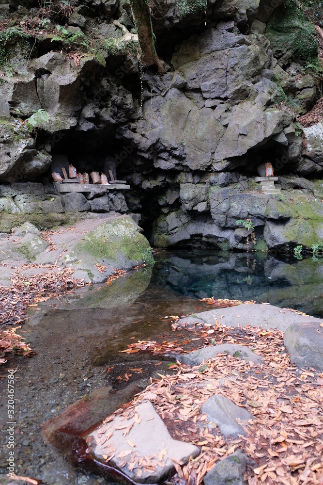Crystal clear spring pool at Shiraito no taki waterfall area of ...