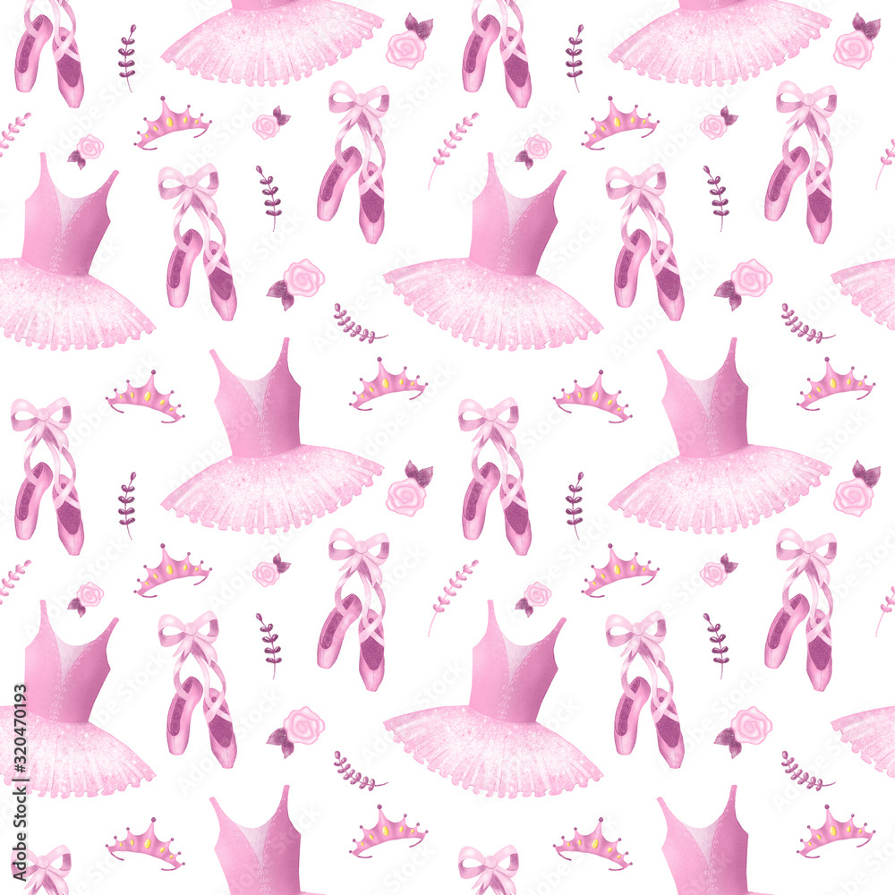 Foto de Seamless ballet pattern with pink dresses, pointe shoes ...