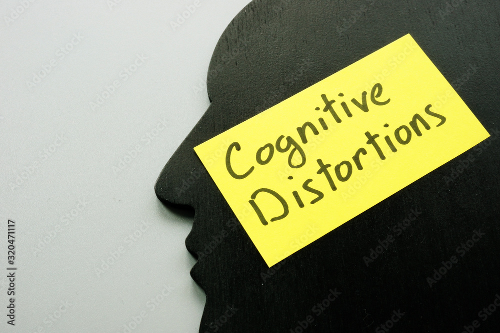 Cognitive Distortions sign on the head shape as symbol of mind. Stock ...