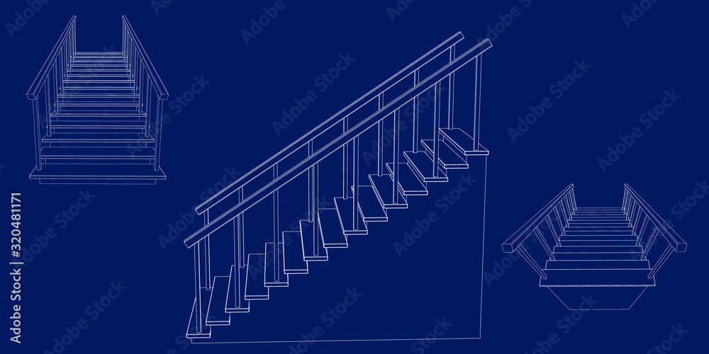 Staircase with railing. 3d Vector outline illustration. Stock Vector ...