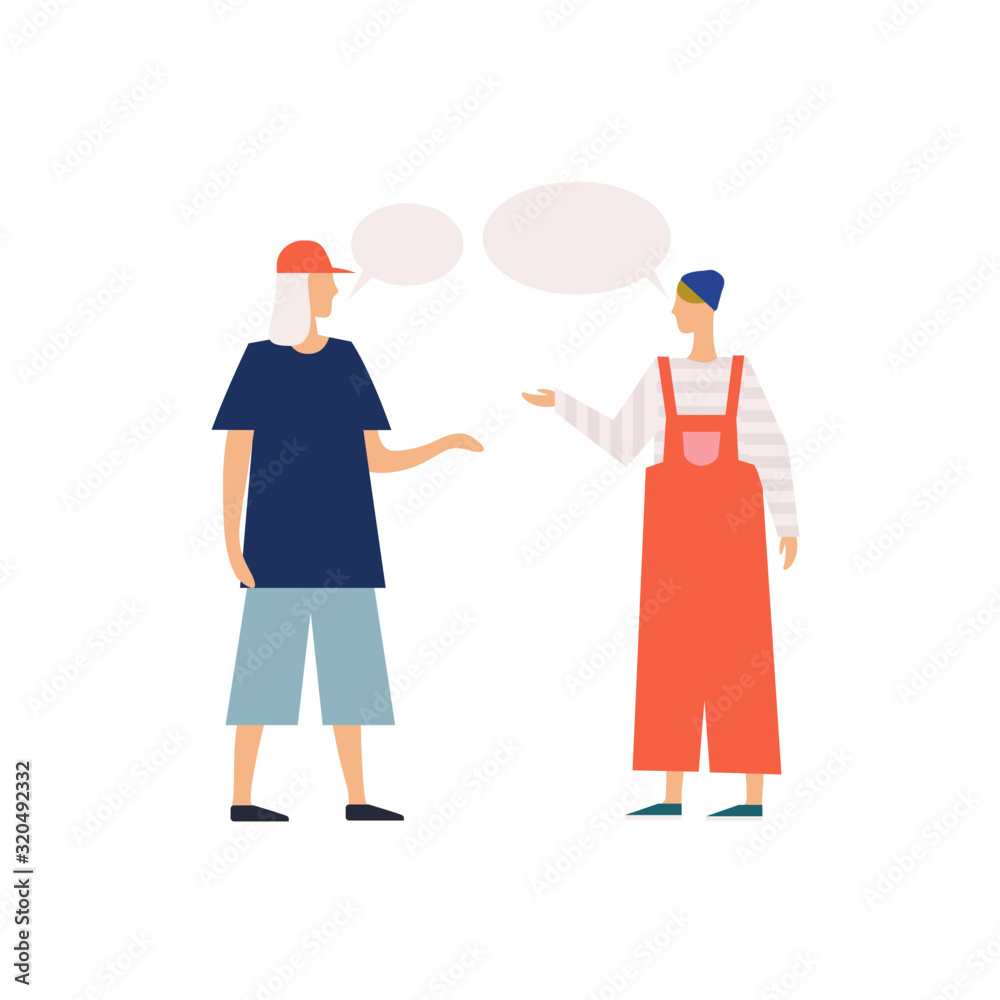 Dialogue of two young modern cartoon people with speech bubbles vector ...