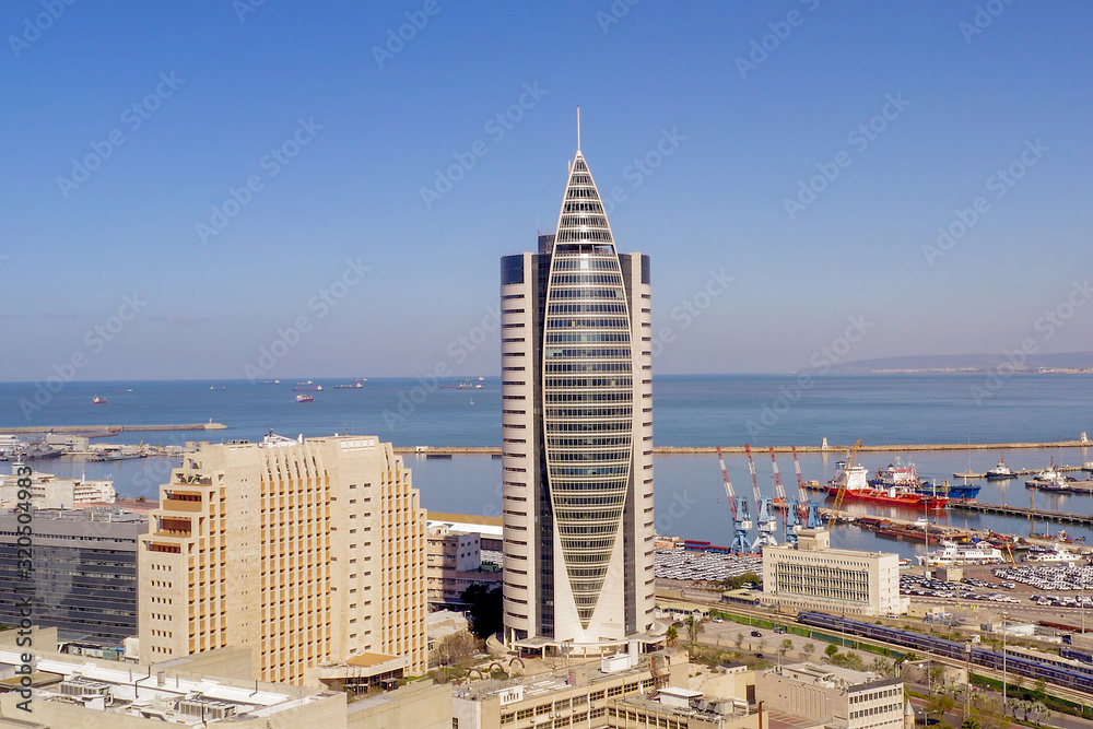 Aerial view of Downtown Haifa, Israel, showing the city skyline with ...