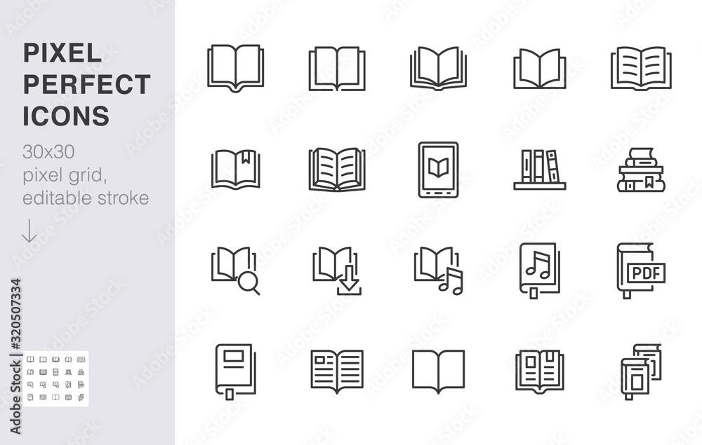 Book line icons set. Open books, dictionary, bible, audio novel, literature education minimal ...