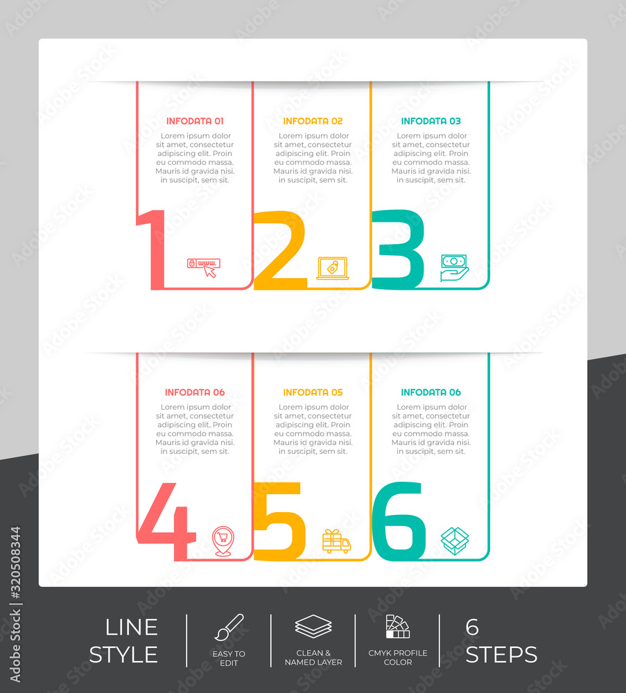 Square infographic vector design with 6 steps & colorful style for ...