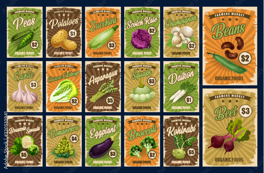 Vegetables, organic farm market food veggies price cards. Vector price ...