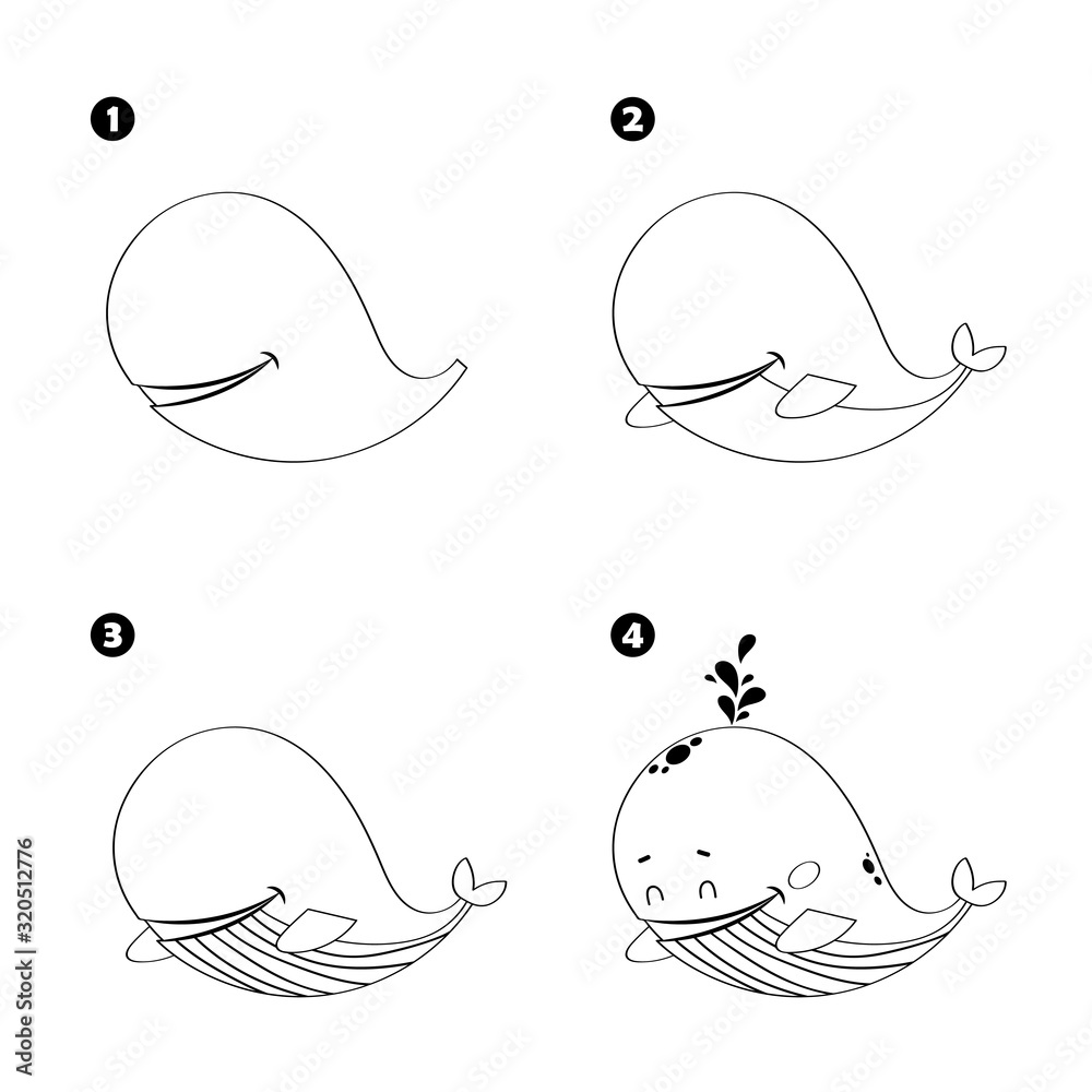 Four steps to draw cartoon whale isolated on white background. Stock ...