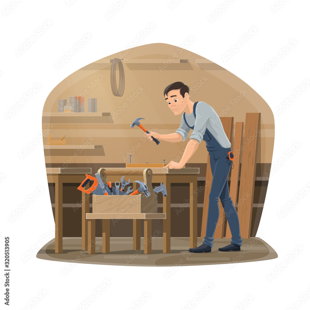 Carpenter man at workshop, carpentry woodwork and furniture making ...