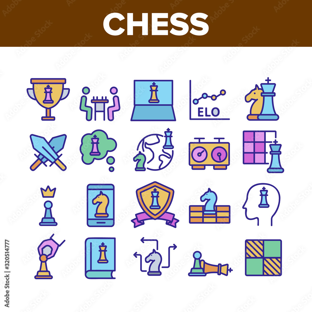 Chess Strategy Game Collection Icons Set Vector Thin Line. Chess King ...