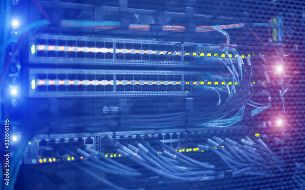 Network infrastructure, switch or router socket, cable connections ...