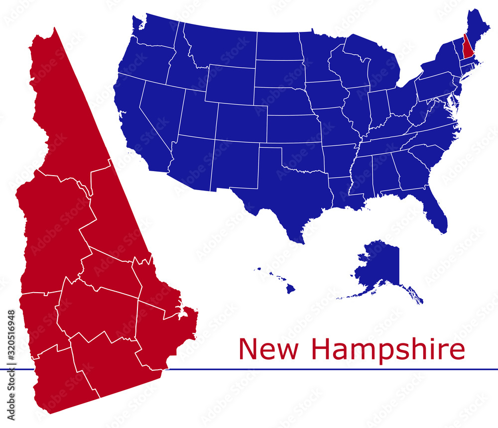 New Hampshire counties vector map with USA map colors national flag ...