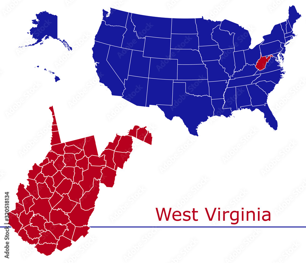 West Virginia counties vector map with USA map colors national flag ...
