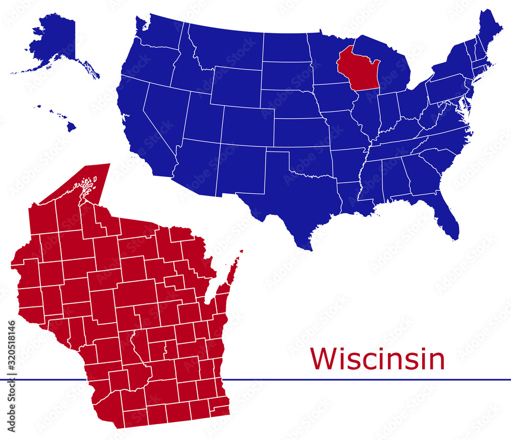 Wisconsin counties vector map with USA map colors national flag Stock ...