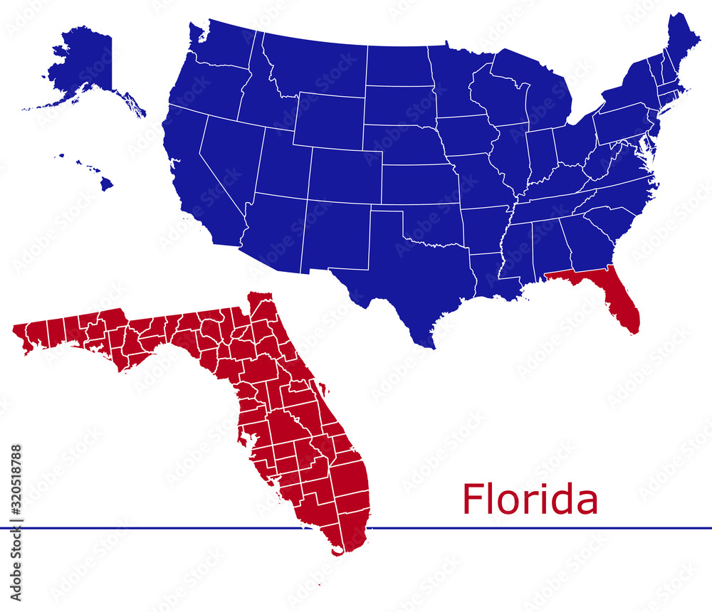 Florida counties vector map with USA map colors national flag Stock ...