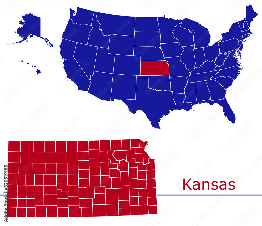 Kansas counties vector map with USA map colors national flag Stock ...