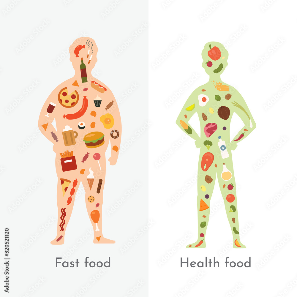Fat and slender man vector illustration. Healthy food vs fastfood ...