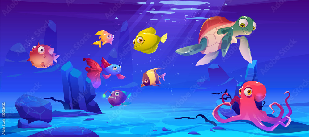 Underwater sea life. Vector cartoon illustration of ocean animals and ...