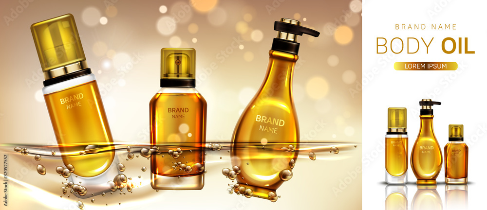 Body oil cosmetics bottles mockup banner. Beauty cosmetic product line ...
